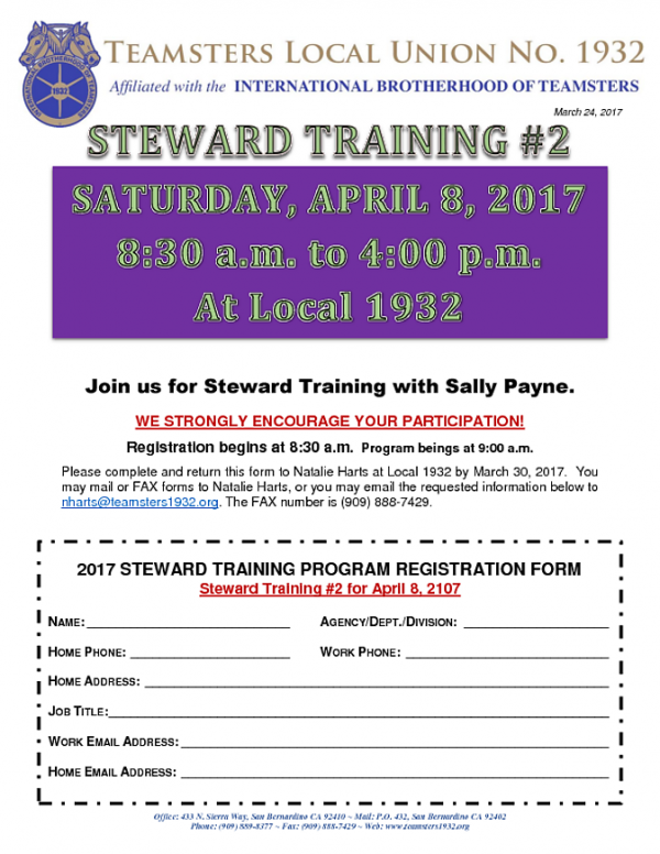 TRAINING RESCHEDULED: Steward Training now on April 8th